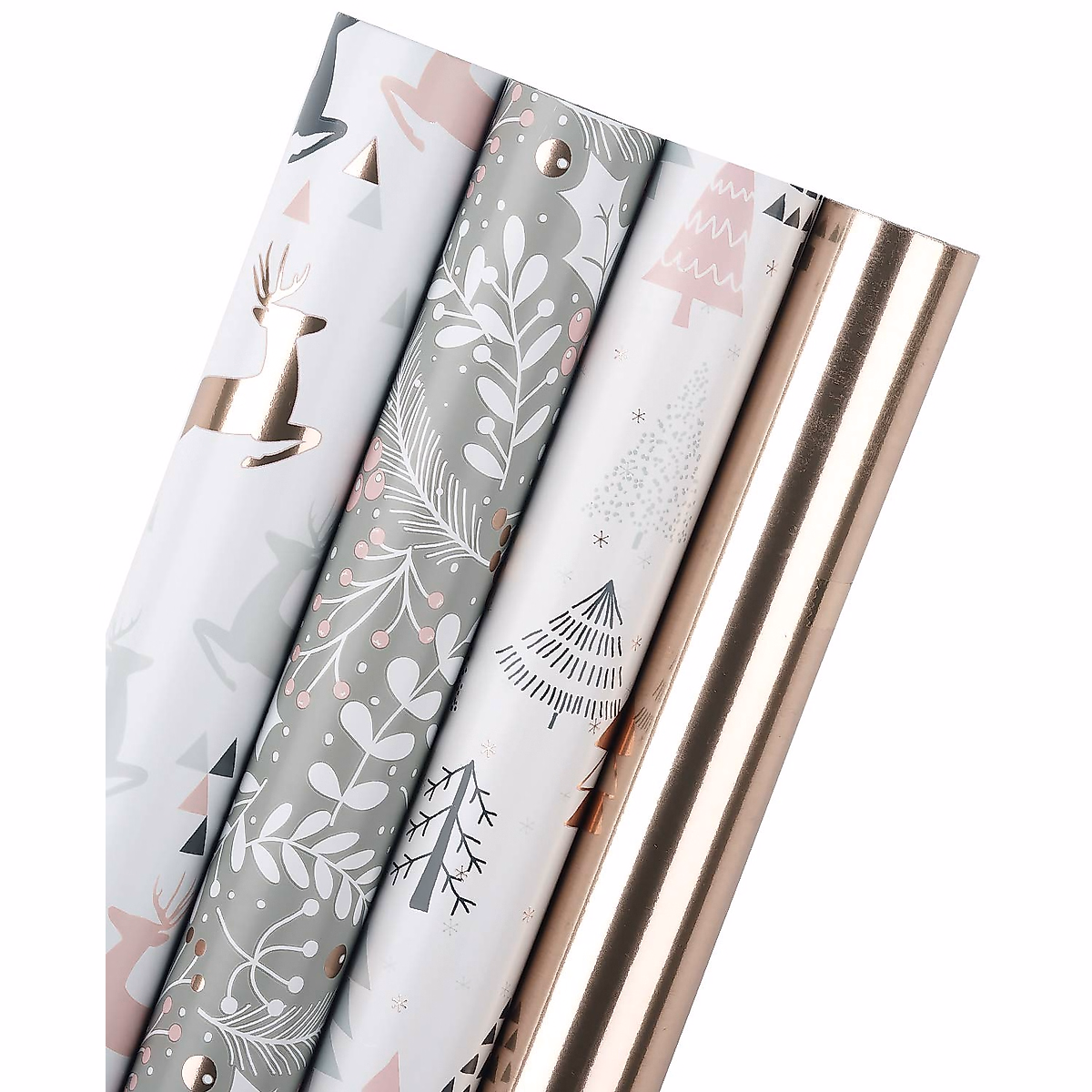 WRAPAHOLIC Christmas Wrapping Paper Roll - Rose Gold and Grey Holiday Design with Metallic Foil Shine - 4 Rolls - 30 Inch X 120 Inch Per Roll