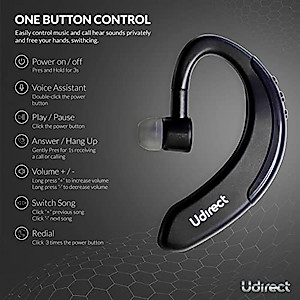 Udirect Bluetooth Wireless Headset, Hands Free, Over The Ear, 3 Button Functions, Business Minded,