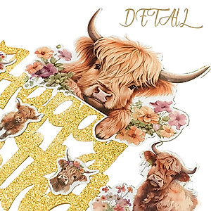 Highland Cow Birthday Cake Topper Gold Glitter Highland Cow Birthday Party Decorations Brown Cow Cake Topper Highland Cow Birthday Cake Decorations for Western Highland Cow Baby Shower Supplies