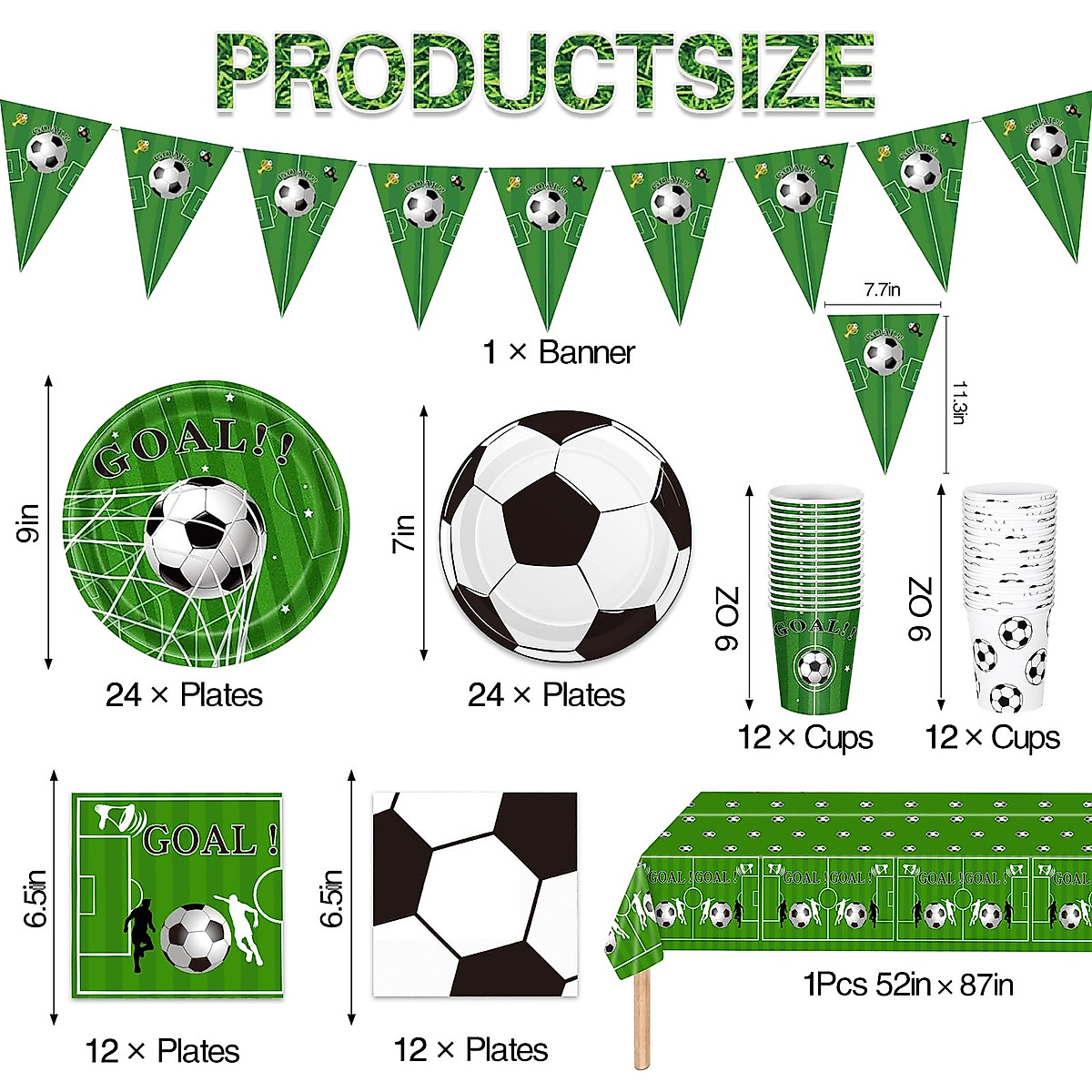 Soccer Party Decorations 98Pcs Soccer Birthday Party Decorations Suppiles Set Include Dinner Plates, Dessert Plates, Napkins, Cups, Banner and Tablecloth Soccer Theme Party Favors Kit