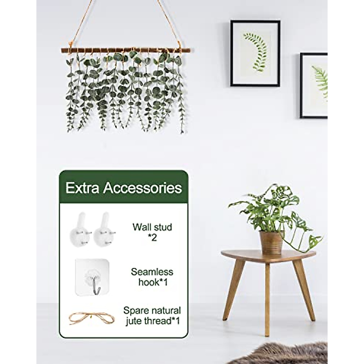 MOVNO Eucalyptus Wall Hanging Decor - Artificial Cute Boho Wall Decor, Fake Eucalyptus Leaves Greenery with Wooden Stick for Living Room, Office, Nursery, Kitchen, Bedroom Wall Farmhouse Decoration-B