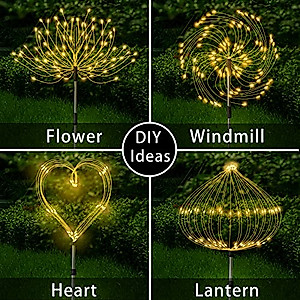 Outdoor Solar Garden Lights, 4 Pack Christmas Solar Firework Lights Waterproof 8 Modes Decorative Stake Landscape Lights DIY Flowers Fireworks for Garden Pathway Lawn Party (Warm)