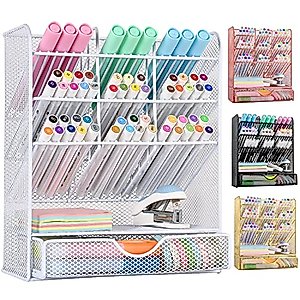 Spacrea Pen Holder Desk Organizer - Desk Organizers and Accessories, Pencil Holder with 10 Compartments and 1 Drawer（White）