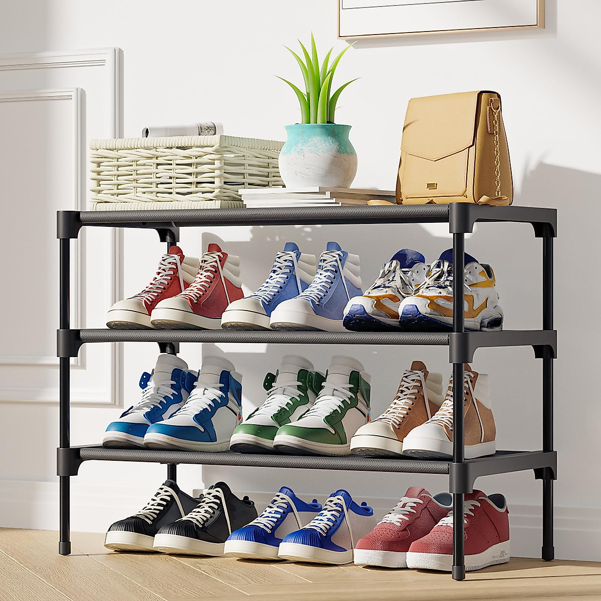 Kitsure Shoe Rack - Premium Non-Woven Shoe Rack Shelf, Shoe Organizer for Closet, Entryway, Garage & Corridor, Sturdy & Durable Long Stackable Shoe Shelves, Medium, Black