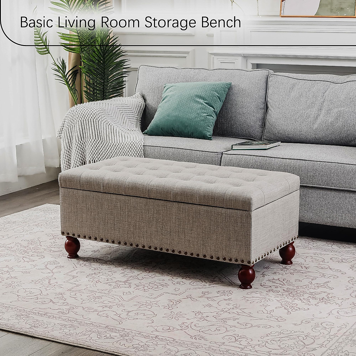 Asense Storage Ottoman Bench, 40'' Linen Fabric Rectangle Upholstered Bench with Hinged Lid for End Foot of Bed, Living Room, Bedroom, Noble Light Gray