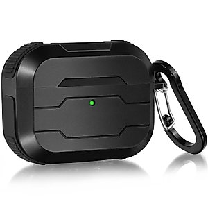AirPods Pro Case Cover, Shock-Resistant Military Protective Men AirPod Pro Cases Accessories with Metal Carabiner Keychain, Designed for Apple AirPods Pro Wireless Charging Case (Black)