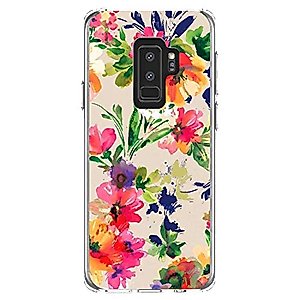 DistinctInk Clear Shockproof Hybrid Case for Galaxy S9+ Plus (6.2" Screen) - TPU Bumper, Acrylic Back, Tempered Glass Screen Protector - Pink Purple Floral Flowers