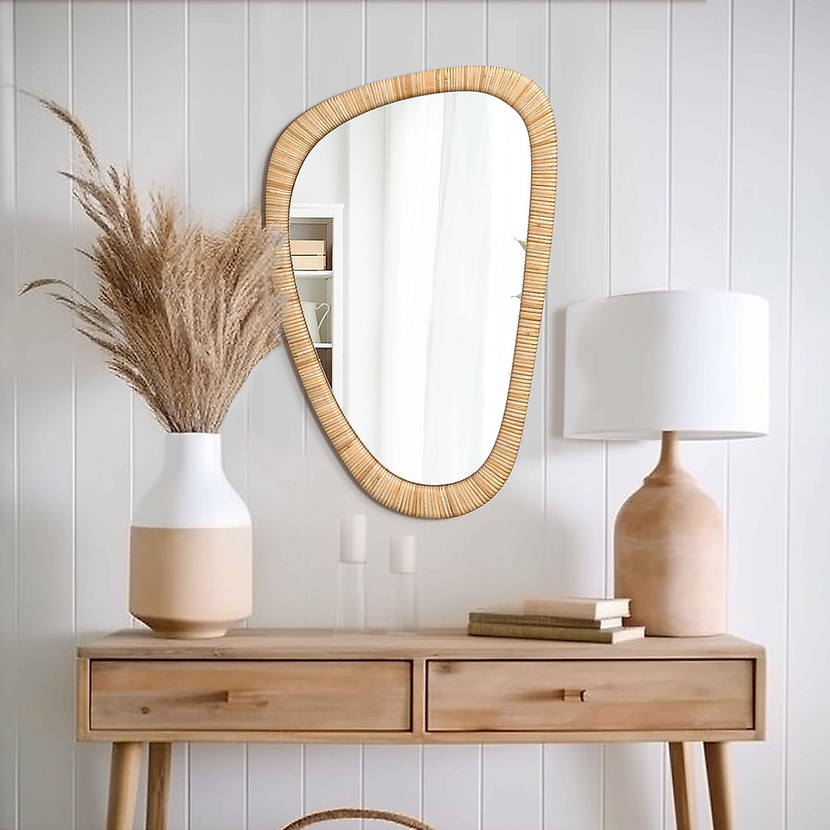 Barnyard Designs Rattan Bathroom Mirror – Rustic Farmhouse Style Handmade Wicker Rattan Frame - Boho Mirror for Nursery Wall Décor (20" x 30", Asymmetrical)