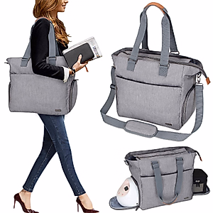 LUXJA Breast Pump Tote with Pockets for Laptop and Cooler Bag, Breast Pump Bag for Working Mothers (Fits Most Major Breast Pump), Gray