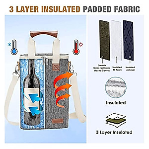 Insulated Waxed Canvas Padded Wine Cooler Bag - Portable Tote Carrier with Corkscrew Opener for Travel, Party, Beach, Wedding for Wine Lovers (Grey)