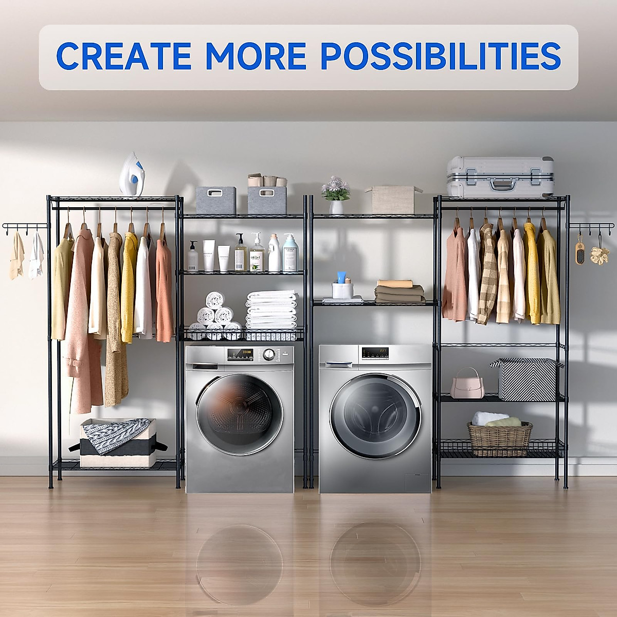 Over the Washer and Dryer Storage Shelf, Height Adjustable Laundry Room Organization Shelf, Clothes Drying Rack for Laundry Room Organization and Storage with Wire Basket, Hanging Rods and Side Hooks