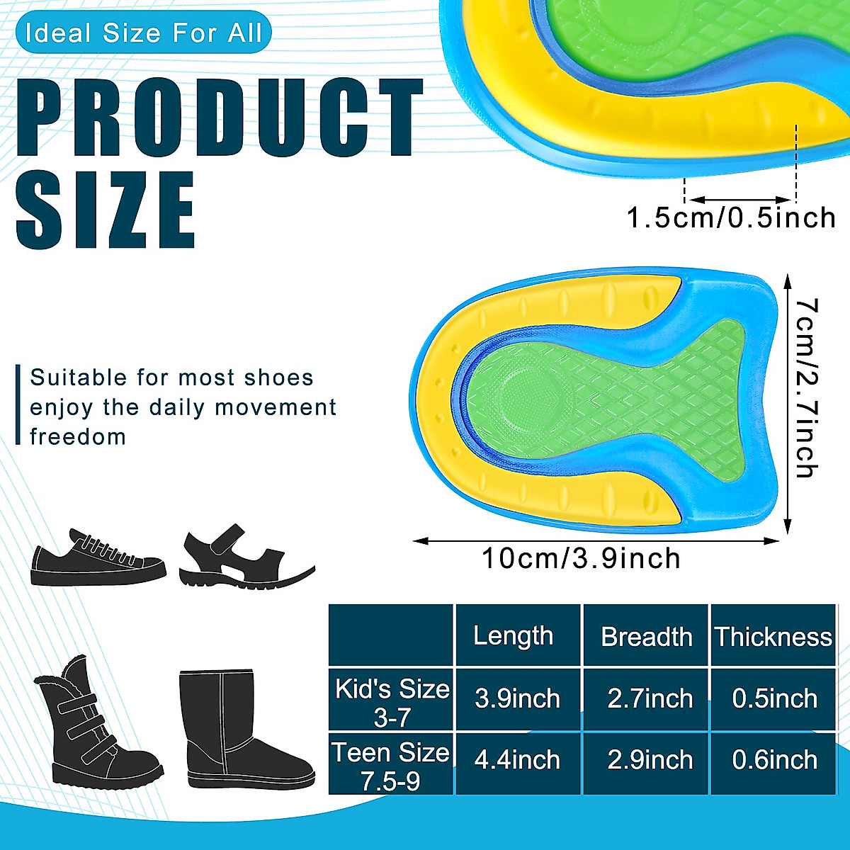 Janmercy 3 Pairs Kids Heel Cups for Heel Pain Sensitive Spurs Relief Sport Traction Shock Absorbing Lightweight Gel Pads with Plantar Fasciitis or Ankle Pain in 3 Colors(Kid's Size 3-7)