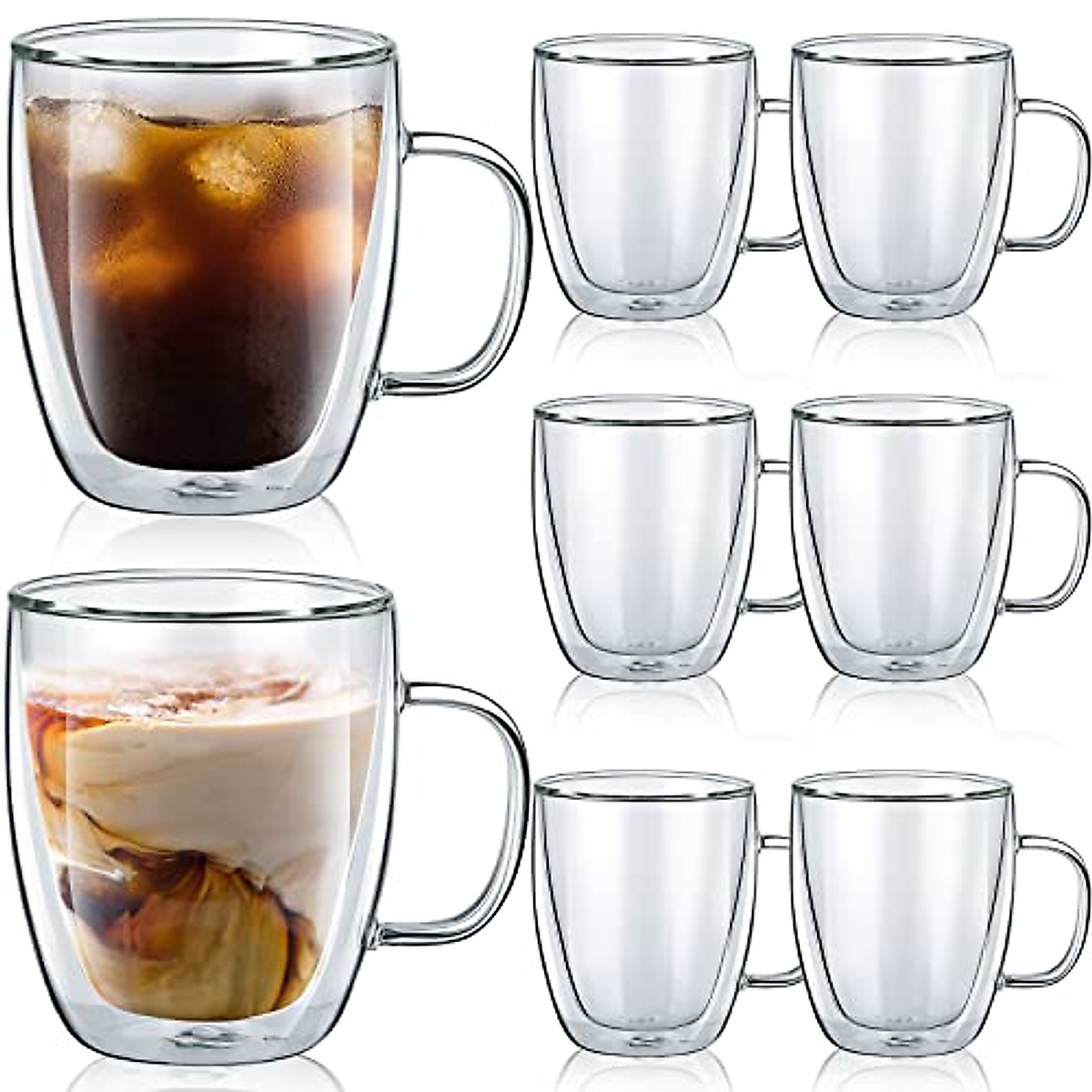 Potchen 8 Pack 12 Oz Double Wall Glass Coffee Mugs Clear Glass Coffee Cups with Handle Insulated Coffee Mug Glass Cups for Cafe Latte