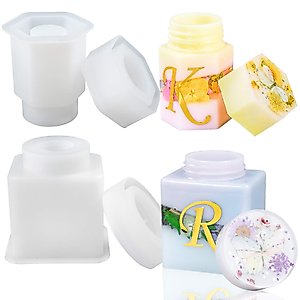 FUNSHOWCASE Bottle Container Epoxy Resin Silicone Tray with Screw Caps for Storage Jar, Jewelry Container, Hexagon Rectangle 2-in-Set Large Height 3.7inch