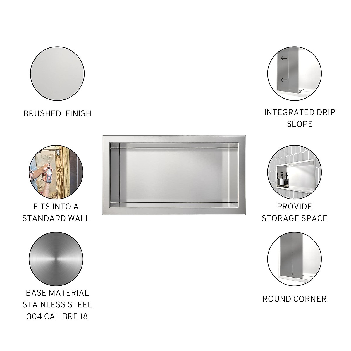 Odass | Shower Niche | 24" X 12" | NO Tile Needed ­| Rectangular Stainless Steel #304 Niche | Brush Recessed Single Shelf Organizer | Bathroom Storage for Shampoo Bottle |