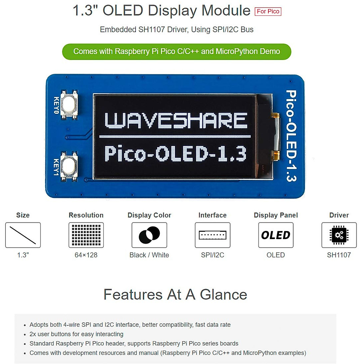 waveshare 1.3inch OLED Display 64×128 Pixels OLED Module for Raspberry Pi Pico Microcontroller Board, Embedded SH1107 Driver,SPI and I2C Interface