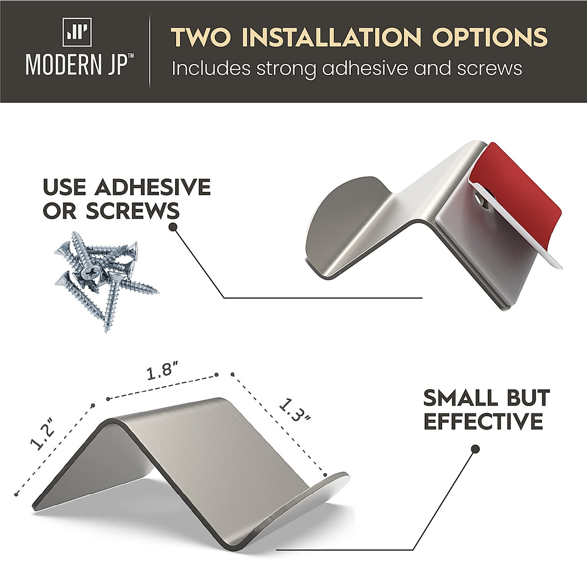 Modern JP Metal Adhesive Hooks for Disney Ears (6-Pack) - Optional Screws Included, Minimalist Disney Ear Holder, Strong Hold Headband Holder - Stainless Steel, Silver