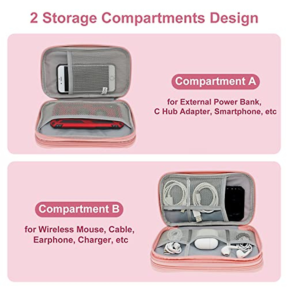 Bevegekos Tech Organizer Travel Case, Carry On Essentials Pouch Bag for Electronics & Accessories (Light Pink, Medium)