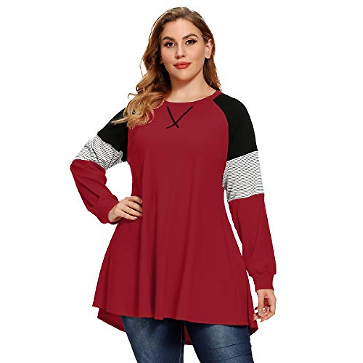 LARACE Plus Size Tops Women Pullover Sweatshirt Color Block Tee Long Sleeve Tunic Striped Raglan Shirt(Wine Red 4X)