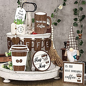 8 Pieces Coffee Tiered Tray Decor Coffee Bar Accessories Table Centerpiece Farmhouse Decorations Gnome Rustic Coffee Bar Wood Signs for Home Kitchen Coffee Station, Coffee Style (Coffee Style)