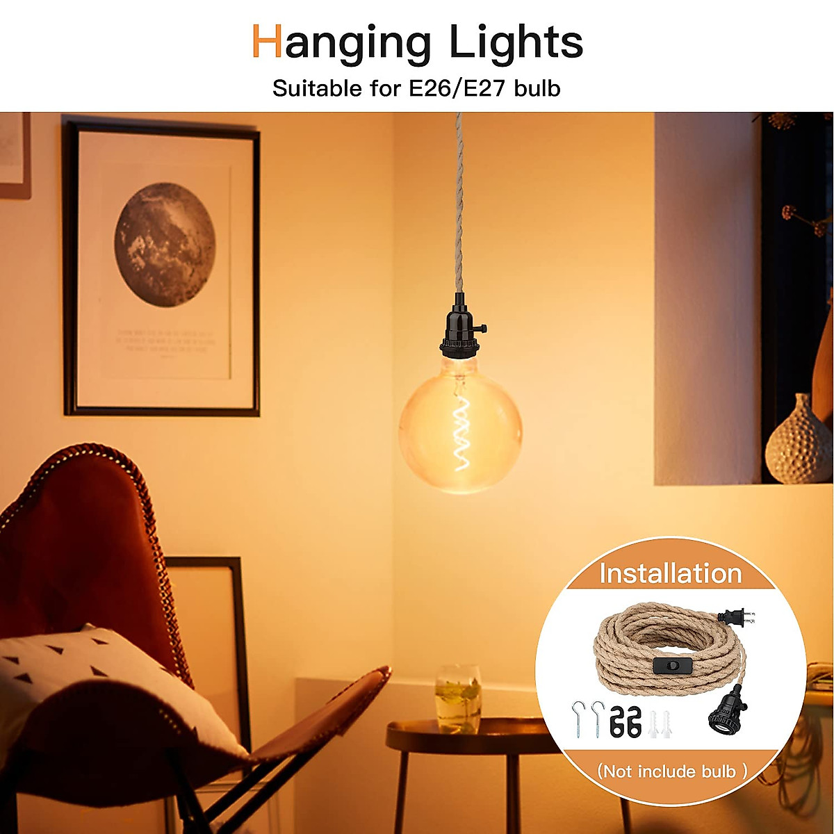 Zevnico 16.5FT Pendant Light Kit, Hanging Lights with Plug in Cord & Switch, Hemp Rope Swag E26 Socket Pendant Lamp, Extension Lantern Cable Vintage Farmhouse Industrial Retro DIY Decoration Fixtures