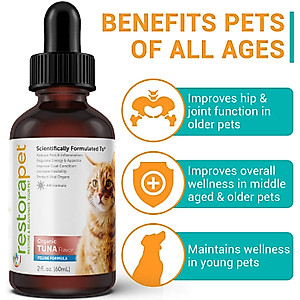RestoraPet Organic Cat Supplement | Healthy & Safe Antioxidant Liquid Drops | Anti-Inflammatory Multi-Vitamin | Increases Mobility & Energy | Cat Joint Supplement | Tuna Flavored