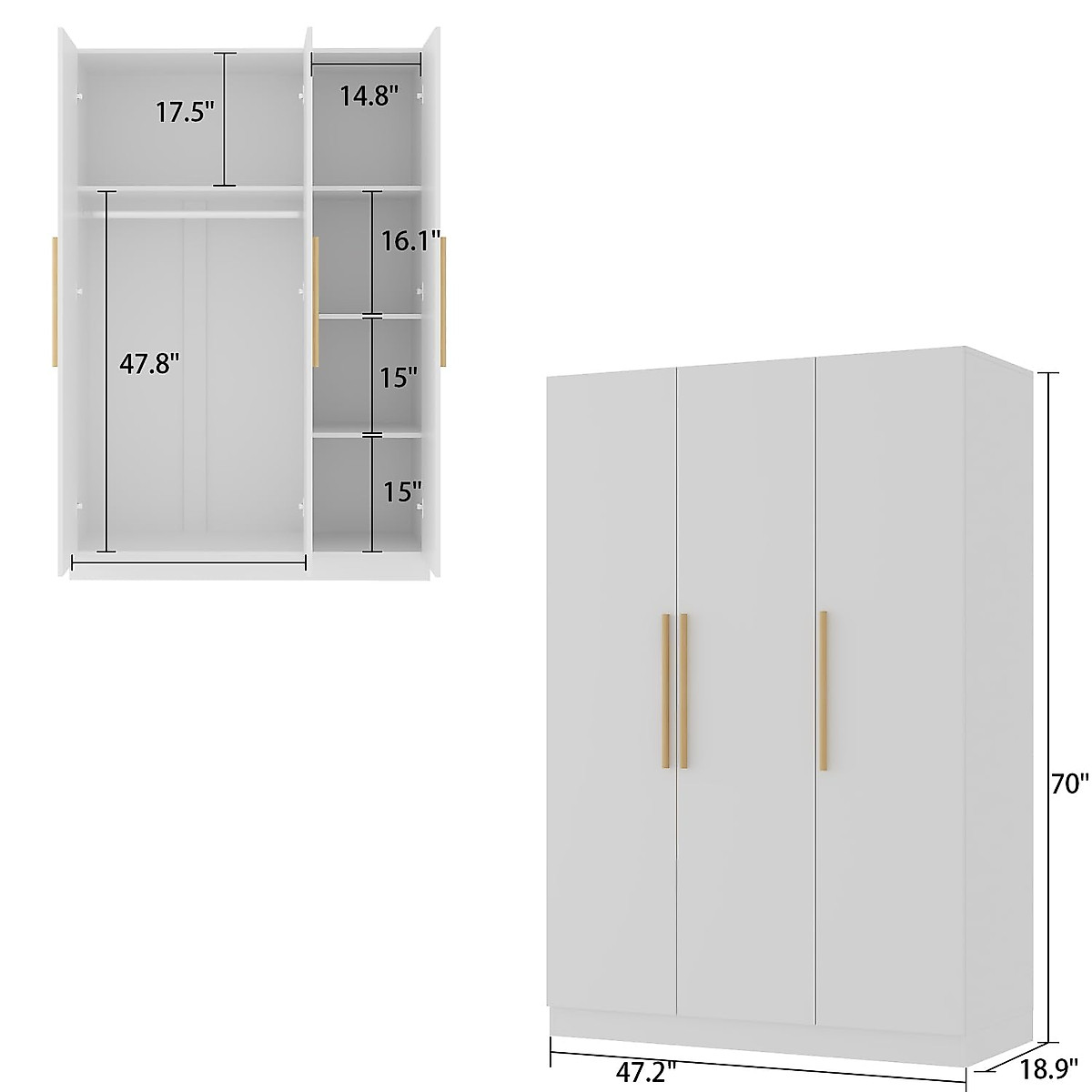 AIEGLE 3 Doors Wardrobe Armoire Closet, Large Freestanding Armoire Wardrobe Cabinet with Shelves & 2 Hanging Rod, Bedroom Wood Clothes Storage Cabinet Organizer, White (47.2" W x 19.7" D x 70" H)