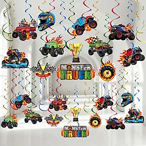Capoda 54 Pieces Monster Truck Hanging Foil Swirls Truck Birthday Party Decoration Set Truck Theme Paper Hanging Cutouts for Boys Car Transportation Party Supplies Baby Shower Home Wall Ceiling Decor