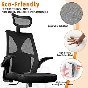Ergonomic Office Chair, High Back Desk Chair, Breathable Mesh Desk Chair with Lumbar Support, Adjustable Headrest and Flip-Up Arms, Swivel Task Chair with Adjustable Height (Black)
