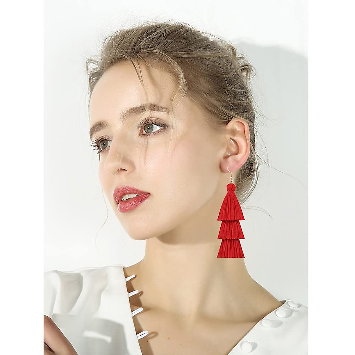 CHUNYANAN 3 Tier Red Yellow Tassel Dangle Drop Earrings Bohemian Fashion Earrings for Women Valentine Party Jewelry Gift. (Red Tassel Dangle Drop Earrings)