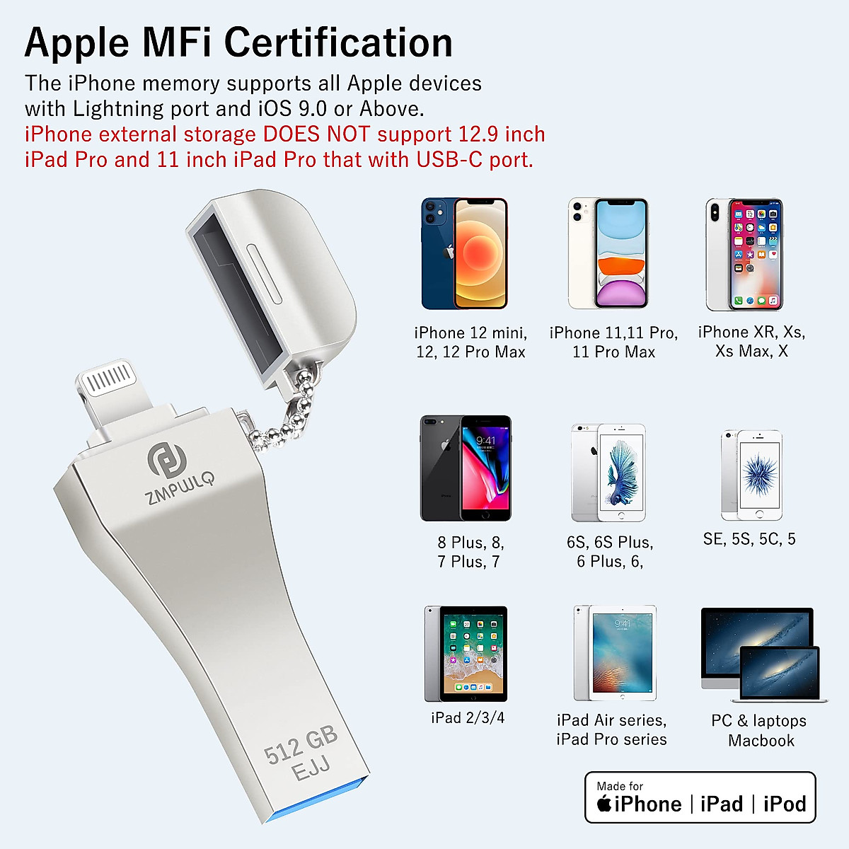 PL ZMPWLQ Photo-Stick for iPhone/iPad 512GB with Apple MFi Certified External Storage Thumb-Drive for Backup-Flash-Drive, USB Memory Stick for Laptop/PC 1PC