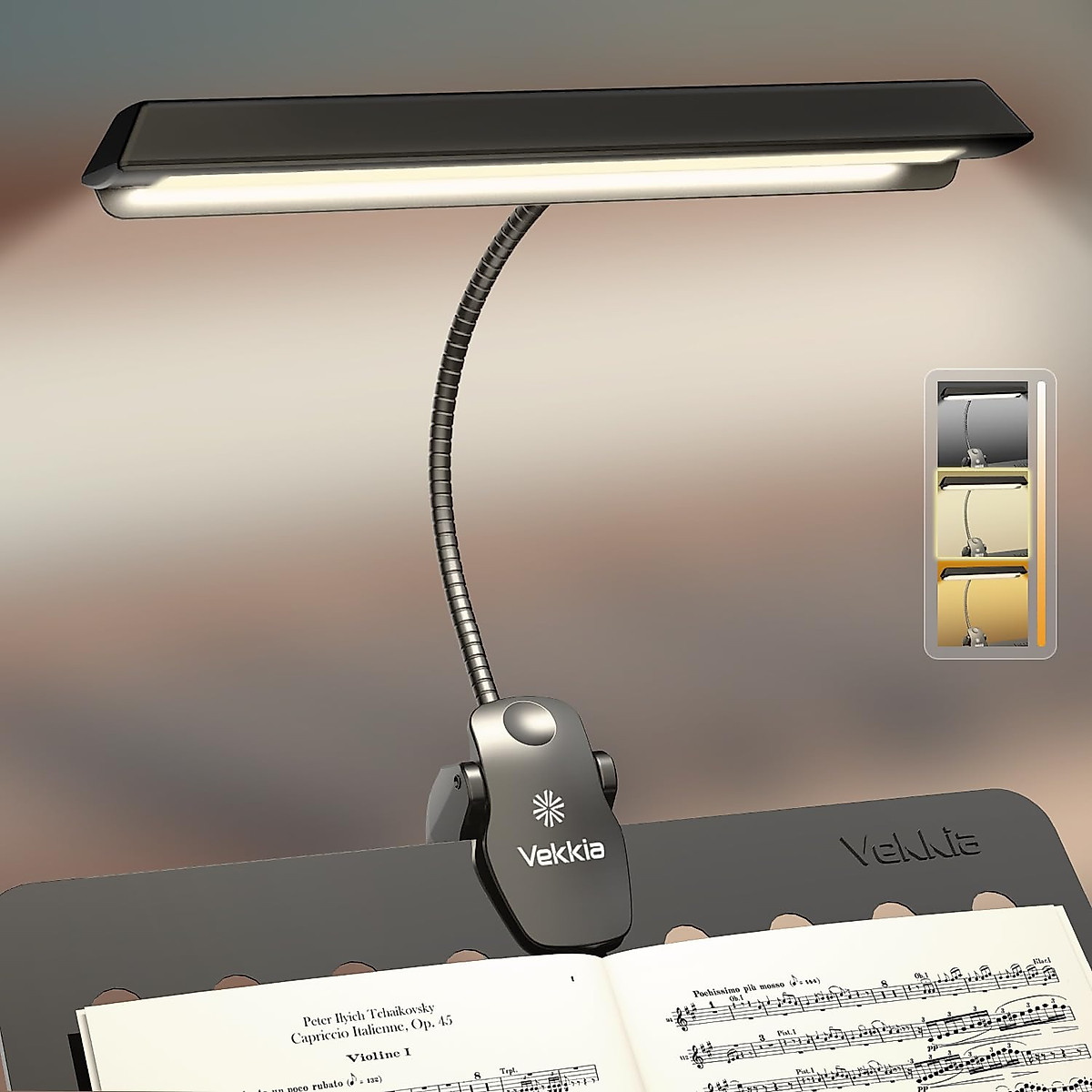 Vekkia Rechargeable Music Stand Light - Musicians Piano Light Clip On, 9 Levels Dimmable, Portable, USB-C, Perfect for Piano, Orchestra, Podium, Easel