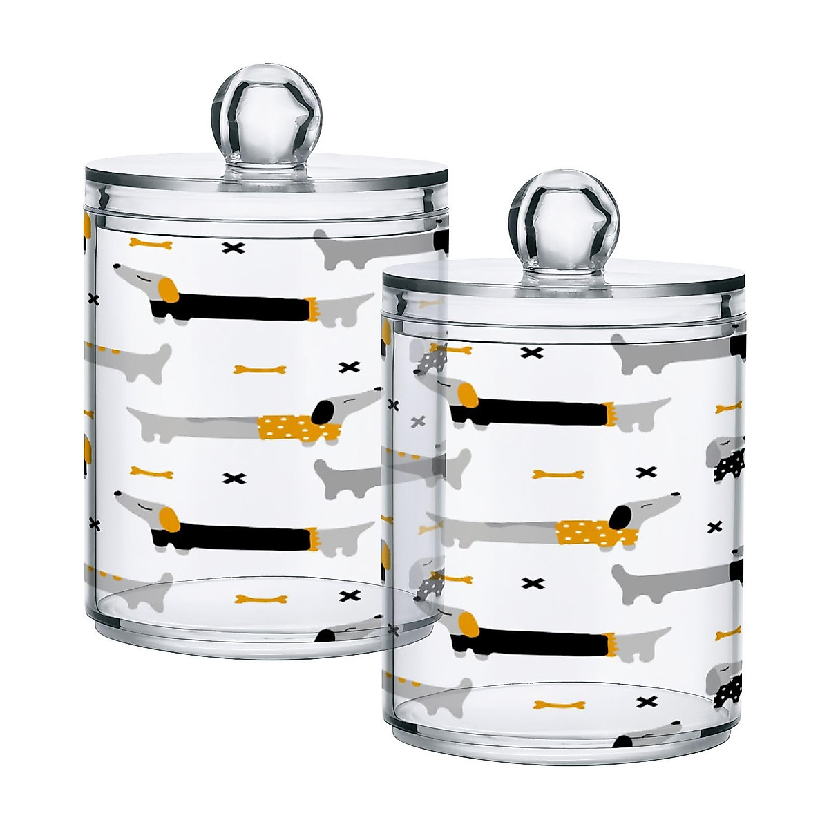 FLildon Cute Dogs Dachshunds Qtip Holder Dispenser, Bathroom Organizer and Storage Containers, 4Pack Clear Plastic Apothecary Jars with Lids for Cotton Ball, Cotton Swab, Floss