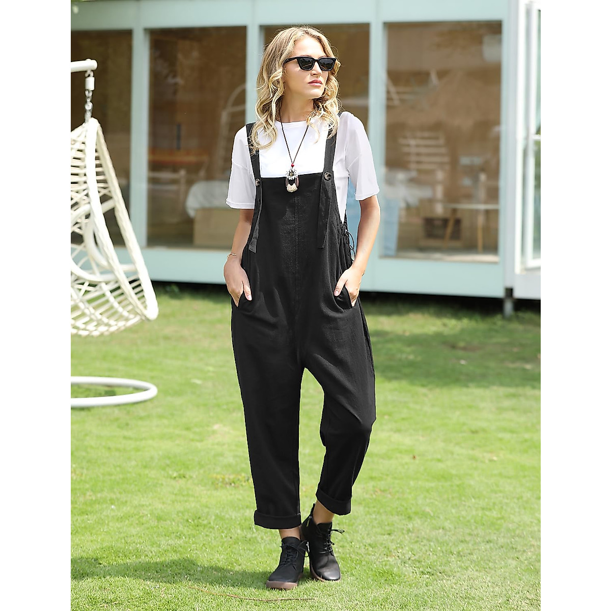 YESNO Women Casual Loose Bib Pants Overalls Baggy Cotton Harem Jumpsuits Rompers with Pockets PV2 (L PV2 Black)