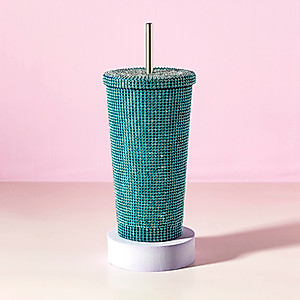 Paris Hilton Diamond Bling Water Tumbler With Lid And Straw, Vacuum Insulated Stainless Steel, Bedazzled With Over 3700 Rhinestones, 16.9-Ounce, Blue
