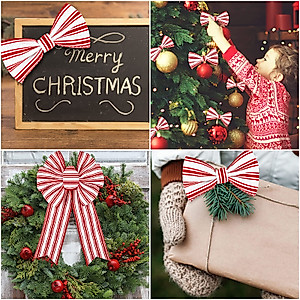 Whaline 2 Rolls Christmas Wired Edge Ribbon Christmas White Red Striped Fabric Ribbon Farmhouse Craft Ribbon for DIY Gift Wrapping Wreath Floral Arrangement Bow Decoration,2.5 Inch x 12 Yard