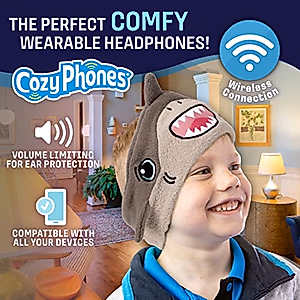 CozyPhones Over The Ear Bluetooth Headband Headphones - Kids Wireless Headphones Volume Limited with Thin Speakers & Super Soft Fleece Headband - Gray Shark