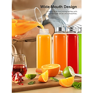 QCen 18oz Clear Glass Bottle for Juicing, Reusable Glass Water Bottles for Juicer Machine, with Stainless Steel Leak-Proof Lids, Wide Mouth Liquid Storage Containers, BPA Free, Set of 6