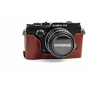 PEN-F Case, BolinUS Handmade Genuine Real Leather Half Camera Case Bag Cover for Olympus PEN-F Bottom Opening Version + Hand Strap - Coffee
