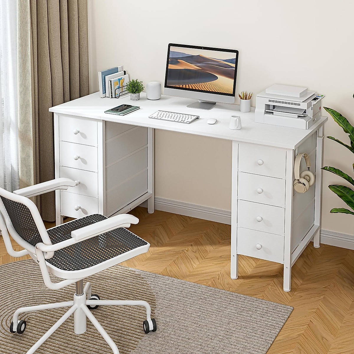 White Computer Desk with Drawers for Storage - 55 inch Home Office Desk with 8 Fabric Drawers, Writing Study Desk with Drawers on Both Sides for Bedroom