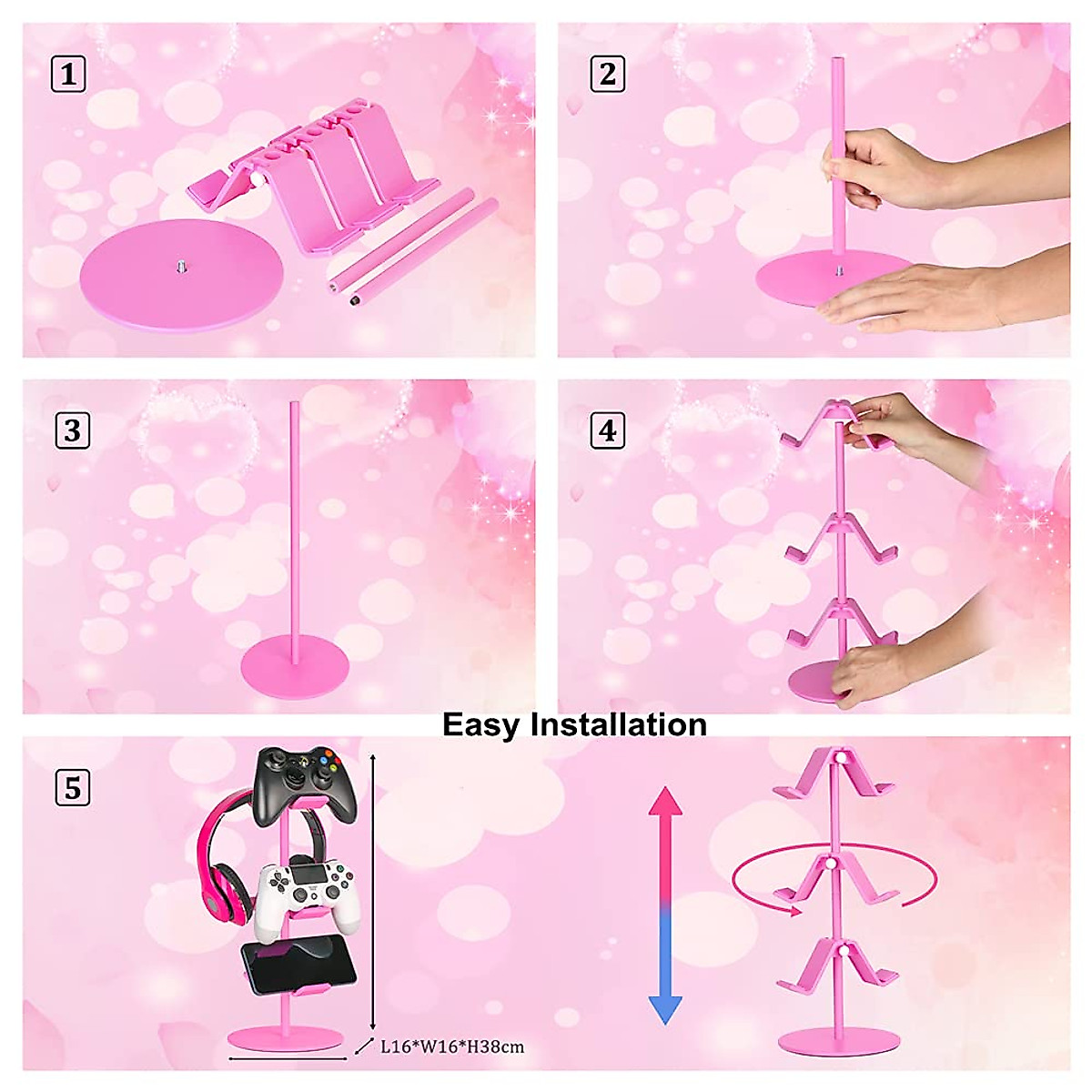 KELJUN Controller Holder Pink,Headphone Stand,3 Tier Multi Adjustable Game Controller Headset Hanger for All Universal Gaming PC Accessories, Xbox PS4 PS5 Nintendo Switch(Cute Pink)