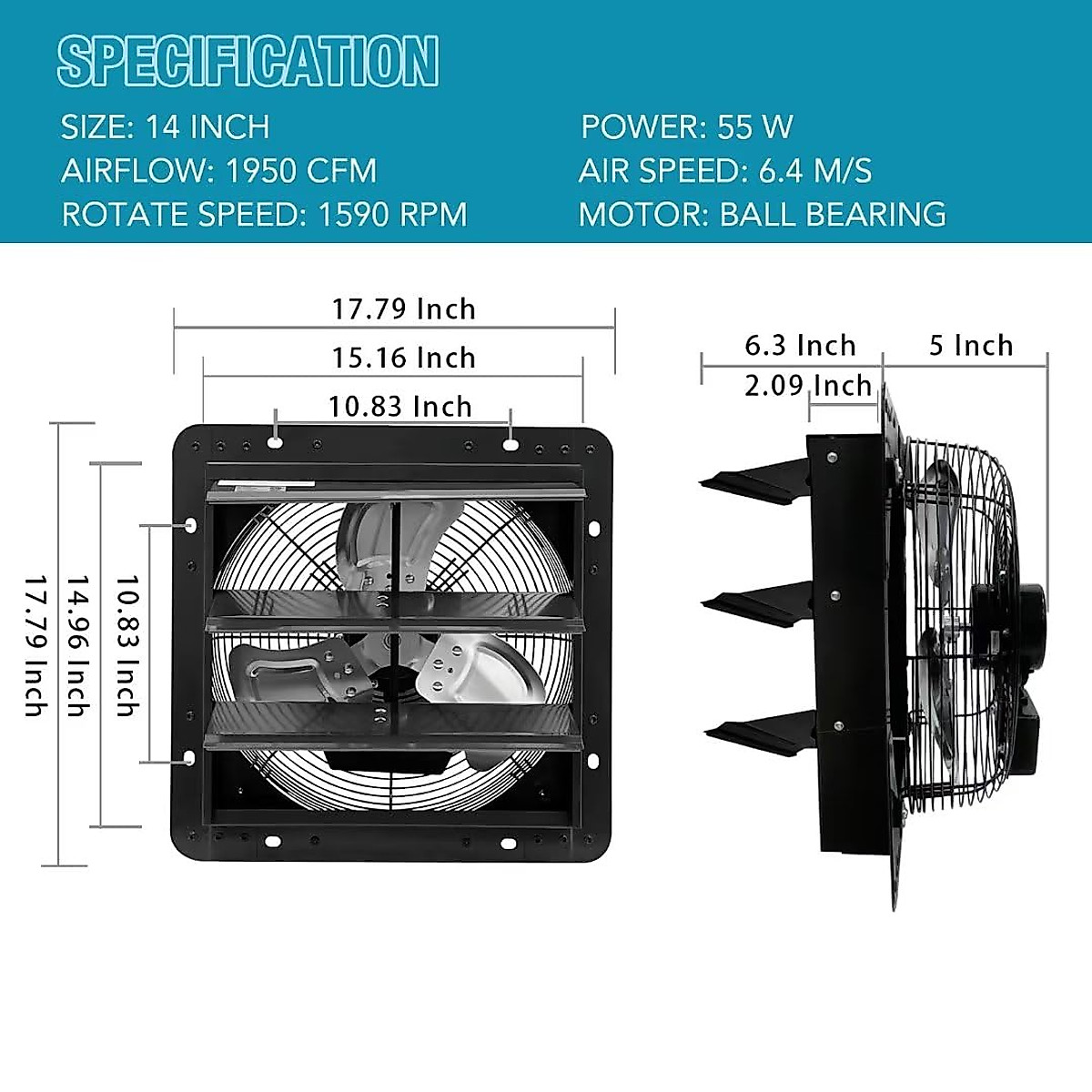 VENTISOL 14 Inch Shutter Exhaust Fan Wall Mounted, Aluminum Blades, with 1.65 Meters Power Cord Kit, Max.1950CFM, Ventilation Fan for Garage,Greenhouse,Attic,Shed,Shop-Black