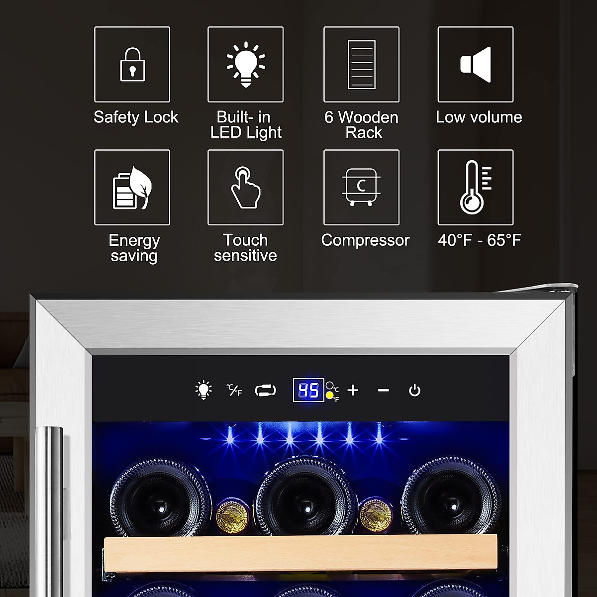 Tylza 15 Inch Wine Cooler Under Counter, 30 Bottle Capacity, Stainless Steel Tempered Glass Door, Constant Temperature Technology, Removable Shelves, Smart Control, 3.6 Cubic Feet