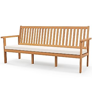 RELAX4LIFE 64’’ Outdoor Bench Acacia Wood - 3-Person Patio Bench w/Slatted Backrest, Armrests & Removable Seat Cushion, Wooden Front Porch Garden Bench for Poolside Balcony Backyard, 1200 LBS Capacity