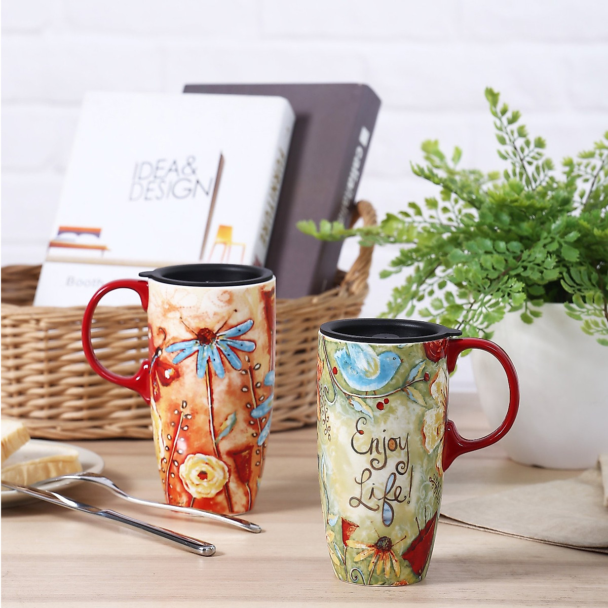 CEDAR HOME Travel Coffee Ceramic Mug Porcelain Latte Tea Cup With Lid in Box 17oz., Flower Enjoy Life, 2 Pack