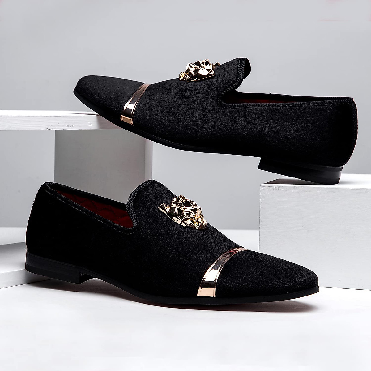 Jousen Men's Loafers Velvet Slip On Dress Men Shoes Soft Vintage Luxury Mens Wedding Party Prom Shoes for Men(AMY3020A Black 10.5)