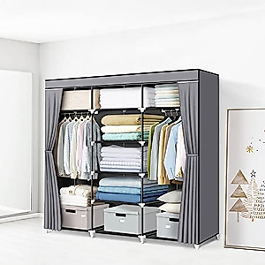 LOKEME 67 Inch Bundle with 55.5 Inch Portable Wardrobe Closet, Closet Oraganizr with 6 Hanging rods, Dust-Proof Cover, Non-Woven Fabric, Gray