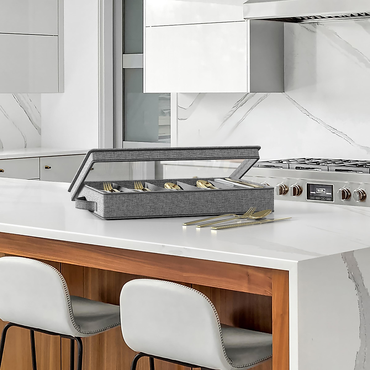 Sorbus Flatware Storage Chest with Clear Lid, Great Fabric Container Box for Organizing Utensils, Silverware, Flatware, Large Capacity, Gray