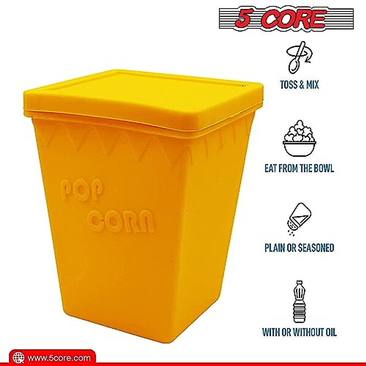 5 Core The Original Microwave Popcorn Popper, Silicone Popcorn Maker W/Lid, Reusable Jumbo Microwavable Bowl Pair - Hot Air Popper - No Oil Required - BPA-Free & Dishwasher Safe (Yellow) 2 Pack