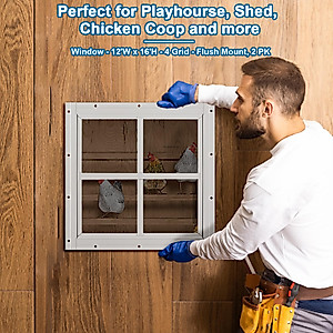 2 Pack Shed Window 12" W x 12" H, White Flush Mount Window with Tempered Glass for Playhouses, Sheds, Garage and Chicken Coops